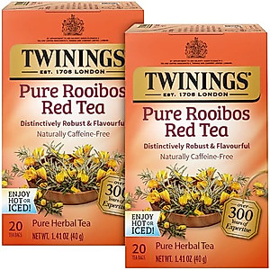 Twinings Pure Rooibos Red Tea - A Naturally Sweet and Tangy Red Tea, Caffeine-Free Herbal Tea Bags, Individually Wrapped, 20 Count (Pack of 2)