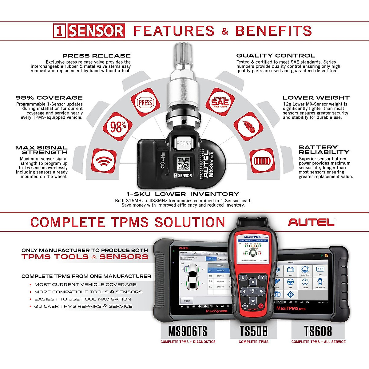 Autel TPMS Sensors 2in1 MX-Sensor 315MHz + 433MHz Press-in Tire Pressure Monitor System Sensor OE-Level TPMS Sensor Programmable by Autel TPMS Tool with TS408 TS508WF TS601, (Metal Stem Set of 16)