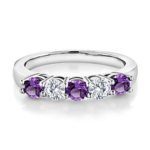 Gem Stone King 925 Sterling Silver Purple Amethyst and White Moissanite 5-Stone Wedding Anniversary Band Ring For Women (0.80 Cttw, Gemstone February Birthstone, Available In Size 5, 6, 7, 8, 9)