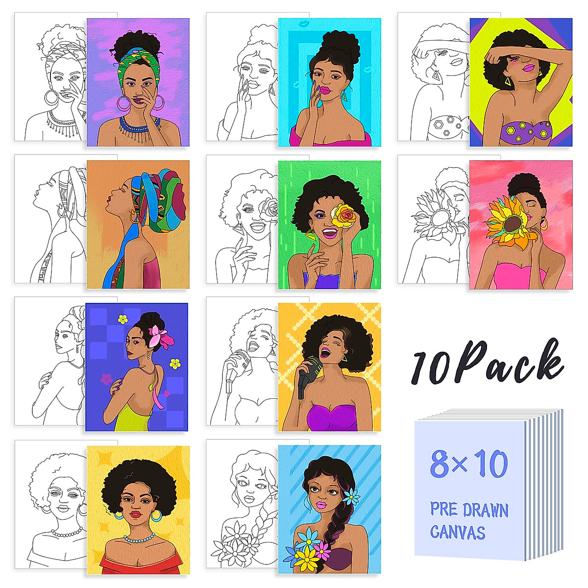 Pre Drawn for Painting for Adults - Ynedin10 Pack 8 * 10 Sip and Paint Canvas, Pre Drawn Canvas for Painting Adults Outdoor Parties Gifts, Sip and Paint kit for Adult's Date Night