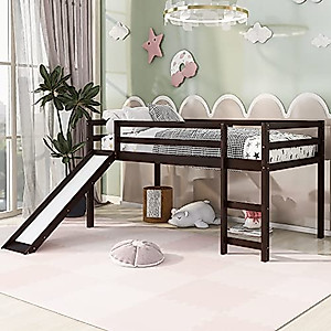 LostCat Twin Loft Bed with Slide, Low Loft Bed with Stairs and Chalkboard, Wood Twin Bed Frame for Kids with Slide, Space-Saving Wooden Child Bed Frame for Boys or Girls, Espresso