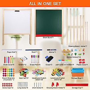 Kids Wooden Easel with Paper Roll, Fixget Upgrade Double-Sided Whiteboard & Chalkboard Standing Easel, Art Easel with Numbers Magnetic Accessories Art and Craft Set Painting Drawing Gifts for Toddler
