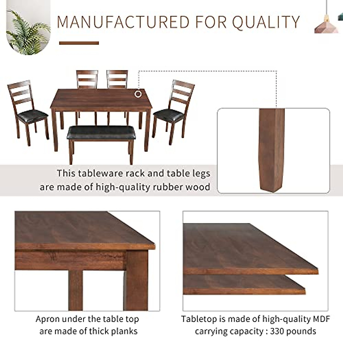 ODC 6-Piece Dining Set, Wooden Rectangular Kitchen Table with Bench and 4 Padded Chairs w/Fabric Cushion, Family Furniture for Six People, 7-Espresso