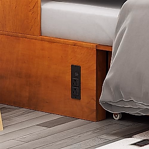 MUZZ Queen Size Murphy Cabinet Bed with Memory Foam Mattress, Charging Station and Large Drawer (Queen, Cherry with Handles)