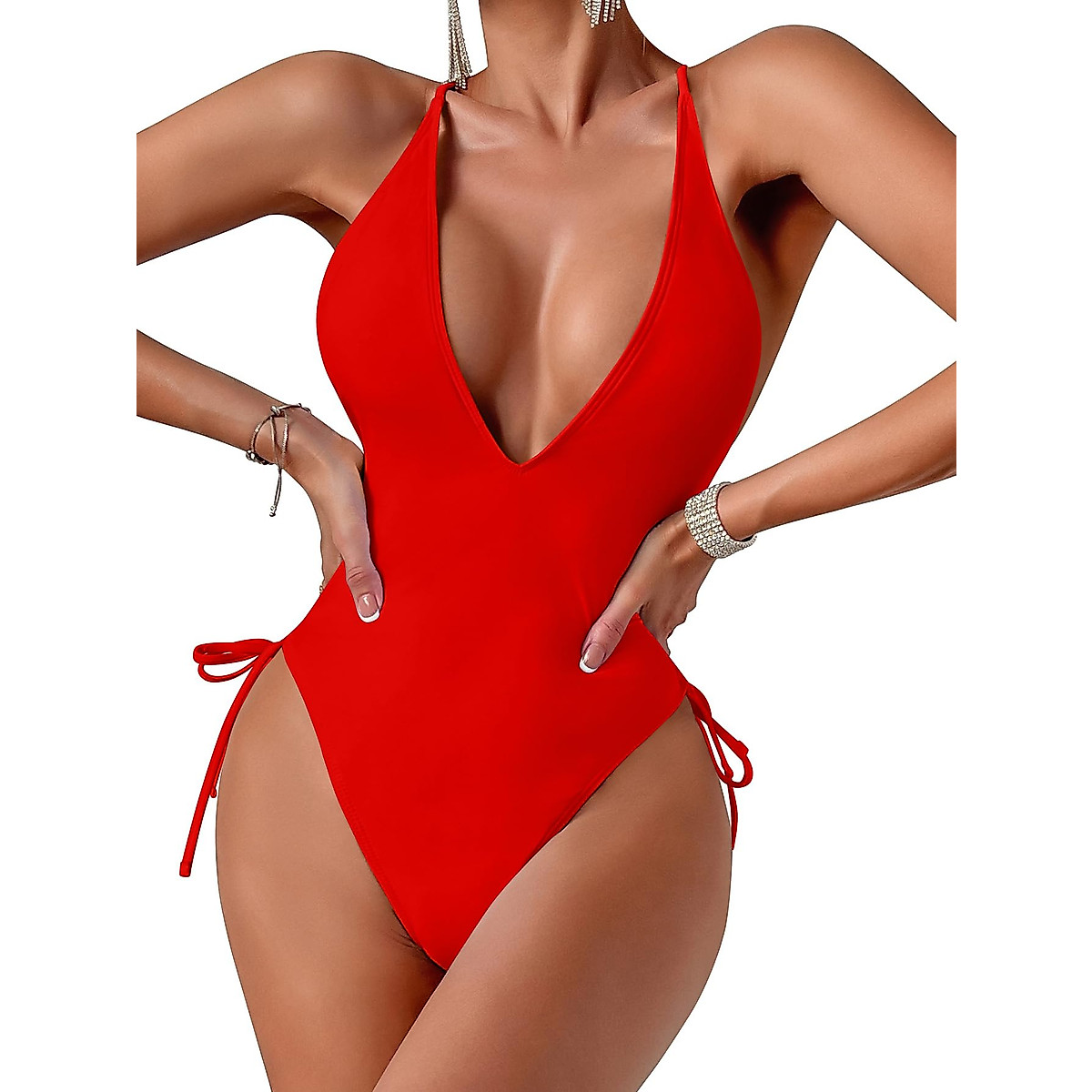 Lilosy Sexy Push Up Plunge Backless Tie Side High Cut Leg Thong Cheeky Brazilian One Piece Bikini Swimsuit Women Open Back Bathing Suit Criss Cross Monokini String Red Medium
