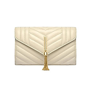 Genuine Leather Clutch Crossbody Bag Quilted Evening Bag for Women Fashion Shoulder Clutch Handbag with Chain - White