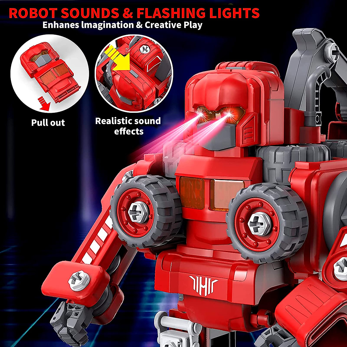 Fire Truck Toy for Boys Take Apart Robot Toys 5 in 1 Transform Robot Car Set, Firetruck Construction Vehicles Sets Building Robot Toys Kits with Drill Light and Music Gift for Boys Girls Ages 3-8