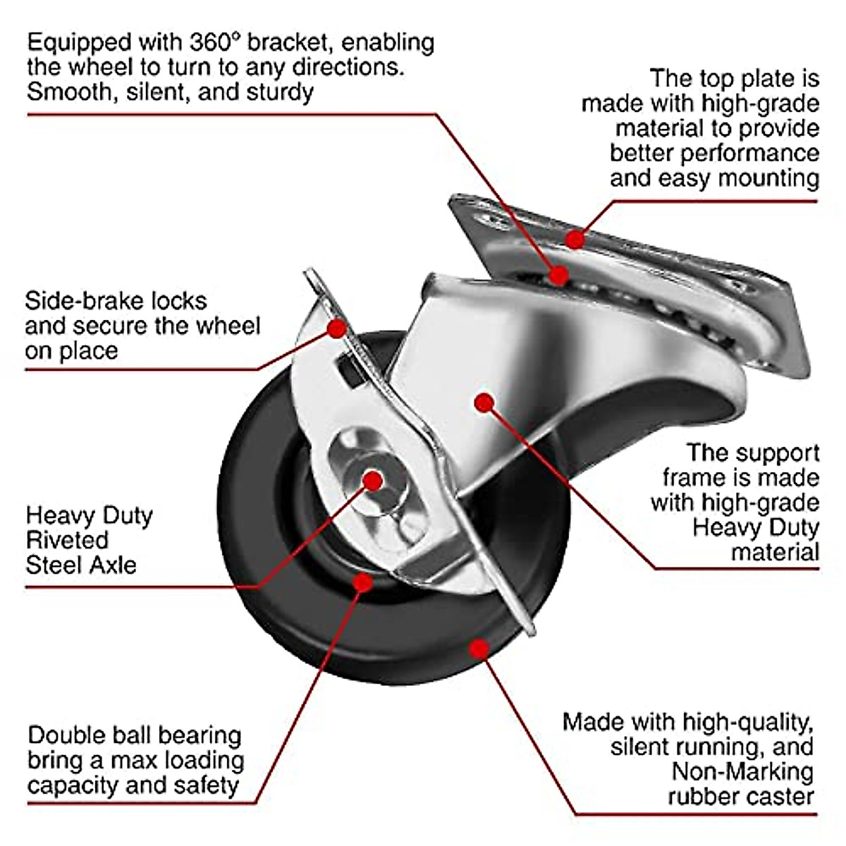 FactorDuty 24 Pack 2" Swivel Caster With Brake Wheels Hard Rubber Base w/Top Plate & Bearing (2" w/brake, 24 pcs)