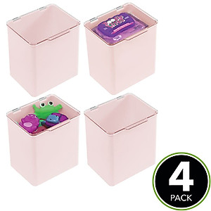 mDesign Plastic Stackable Box Household Storage Container with Attached Hinged Lid - Organizer for Entryway, Mudroom, Closet, Kitchen, Bathroom, Garage Kid's Room, Craft, 4 Pack - Light Pink/Clear