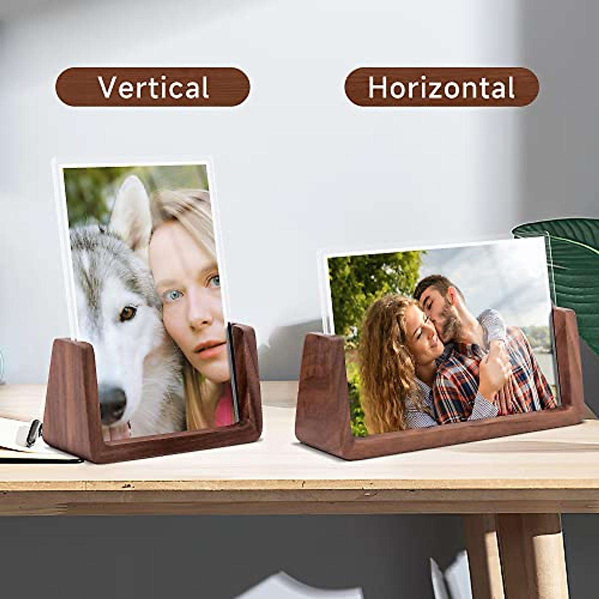 Komimaci 4x6 picture frames, Solid Rustic Wooden Photo Frames with Walnut Wood Base and High Definition Acrylic Glass Covers - 2 Pack for Tabletop or Desktop Display (4x6 inch, Horizontal + Vertical)