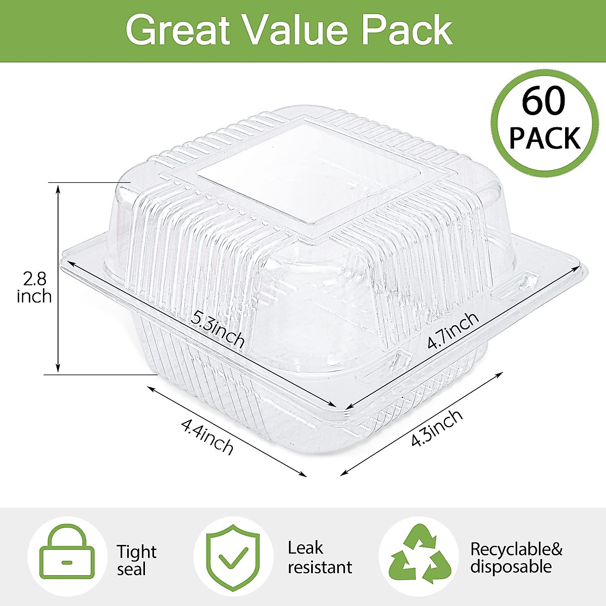 60Pcs Clear Take out Containers,Plastic Hinged Food Container,Clear Cake Containers Square,Disposable Clamshell Dessert Container with Lids for Salads Sandwiches Hamburger Dessert (5.3x4.7x2.8 in)