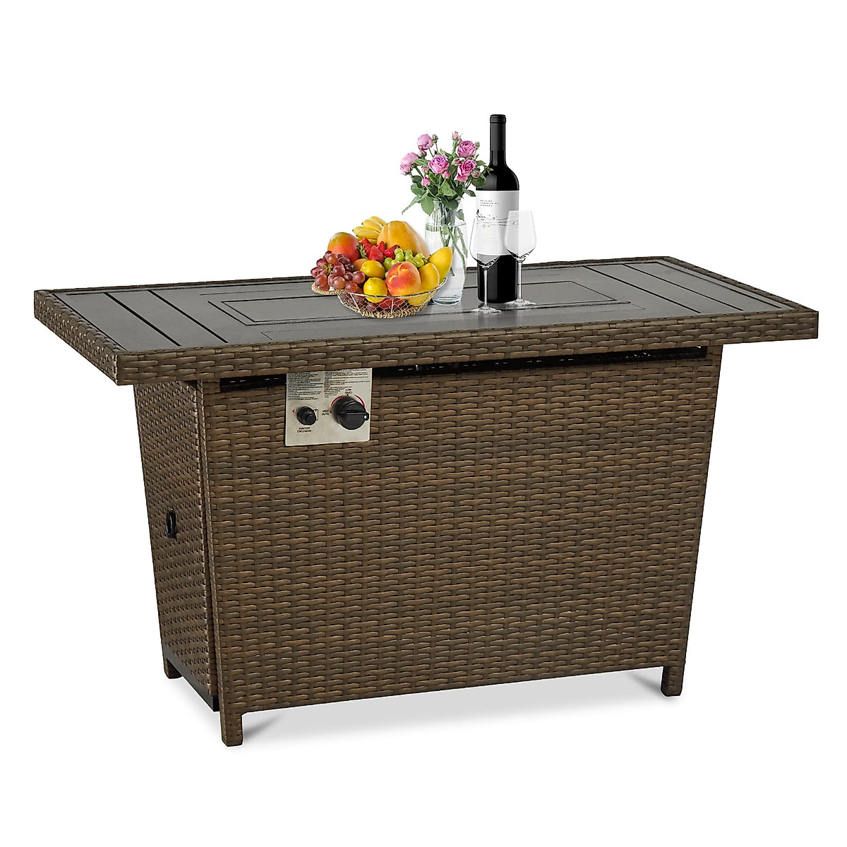 Kinsuite Propane Tank Cover Table 16" Side Hideaway Wicker Tank Table for Gas Fire Pits, Rattan Tank Table Cover with Storage & Adjustable Foot for Standard 20 Gallon Propane Tanks, Brown