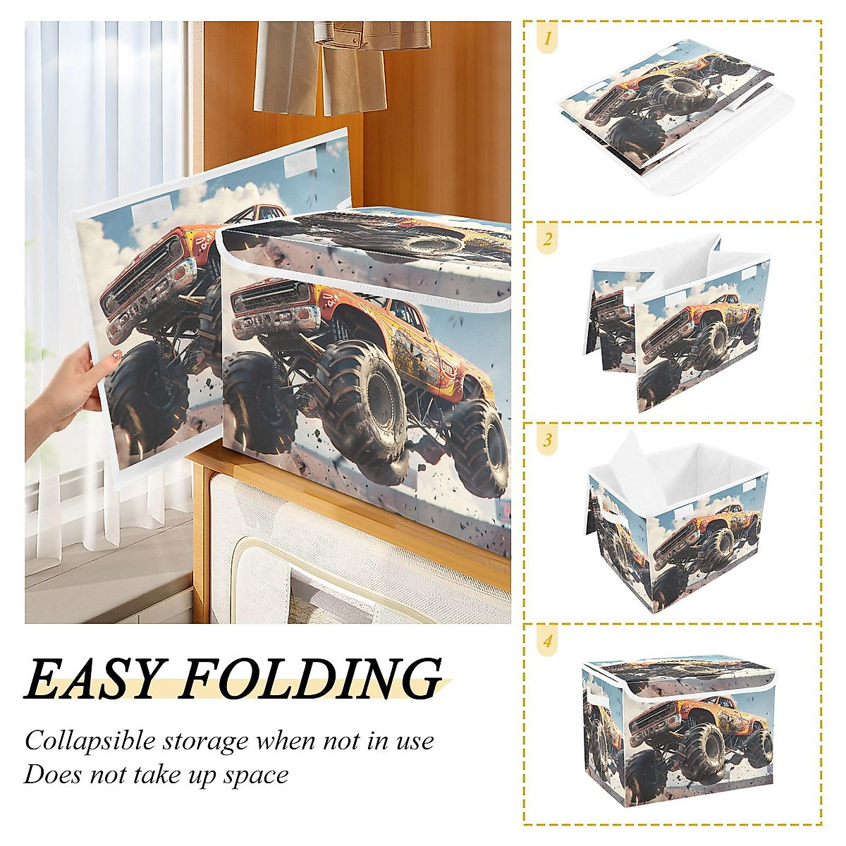 YMGQYJ Storage Cube with Lid Collapsible Monster Truck Jumping Print, Large Capacity Foldable Storage Basket Bin Organizer 16.5×12.6×11.8 IN