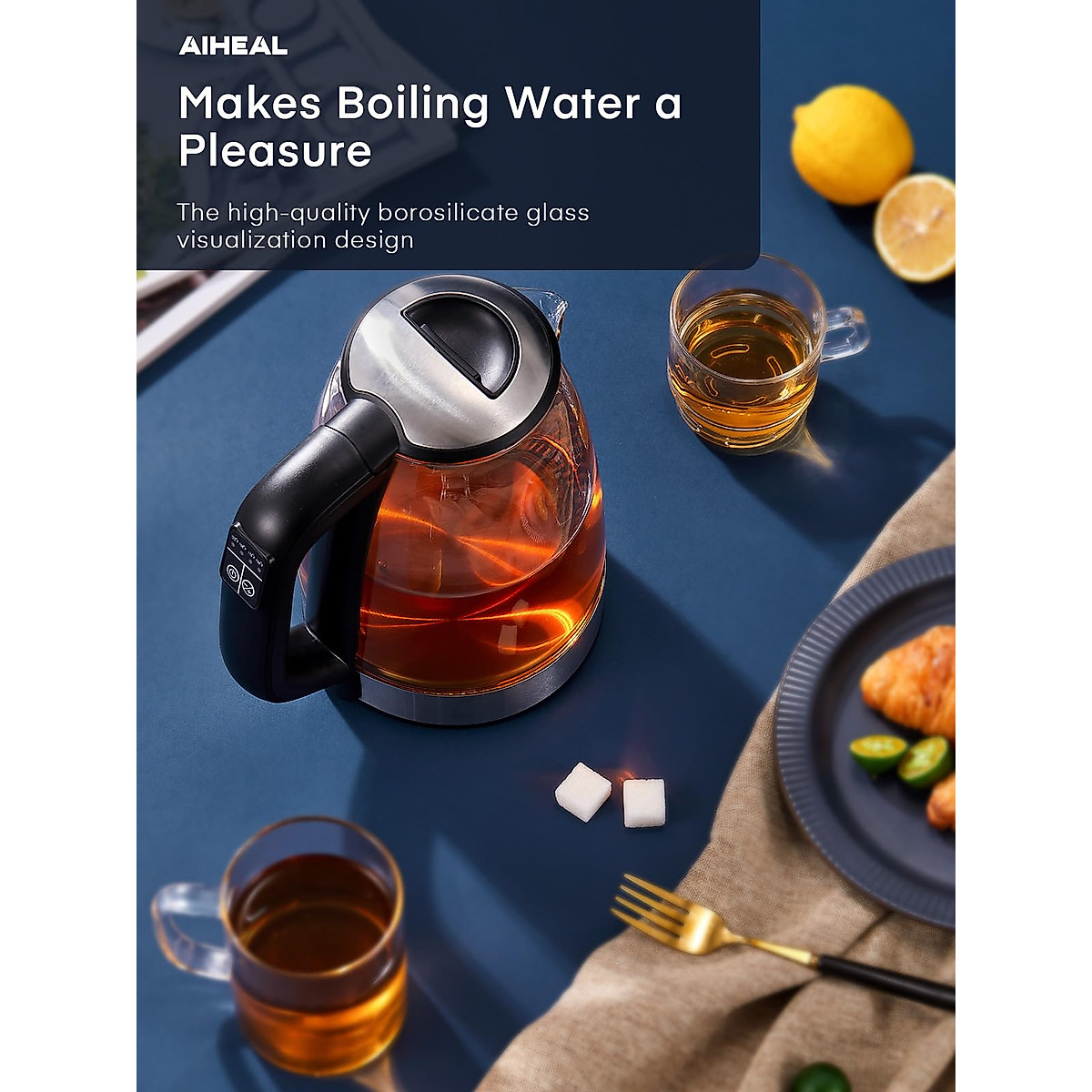 Electric Kettle, Aiheal Glass Kettle Temperature Control With 5 Colors LED Lights Variable, Keep Warm, Fast Boiling Electric Kettle, Stainless Steel Inner Lid & Bottom, 1.7L