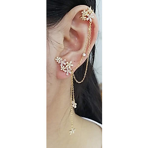 Blossom CZ Flower Ear Cuff Wrap Clip On Clawler Climber Hoop 925 Sterling Silver Stud Chain Threader Tassel Asymmetric Earrings for Women Girls Sensitive Ear Elegant Gifts for Wedding Bff (gold)