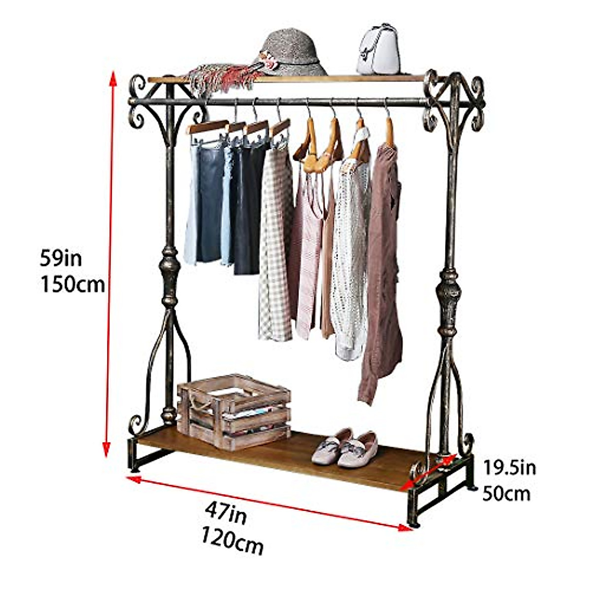 Qianniu Industrial Clothing Rack Display Commercial Grade Heavy Duty Garment Rack With Shelves Vintage Steampunk Hat Rack Shoes Rack Cloth hanger (47")