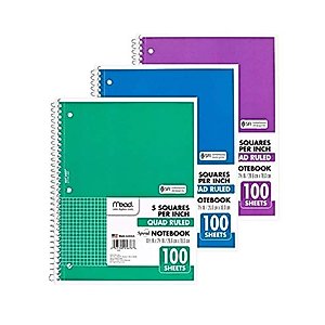 Mead Spiral Quad Ruled Notebook, 1 Subject 5 Squares per inch 100 Sheets (Colors May Vary) (3 Pack)
