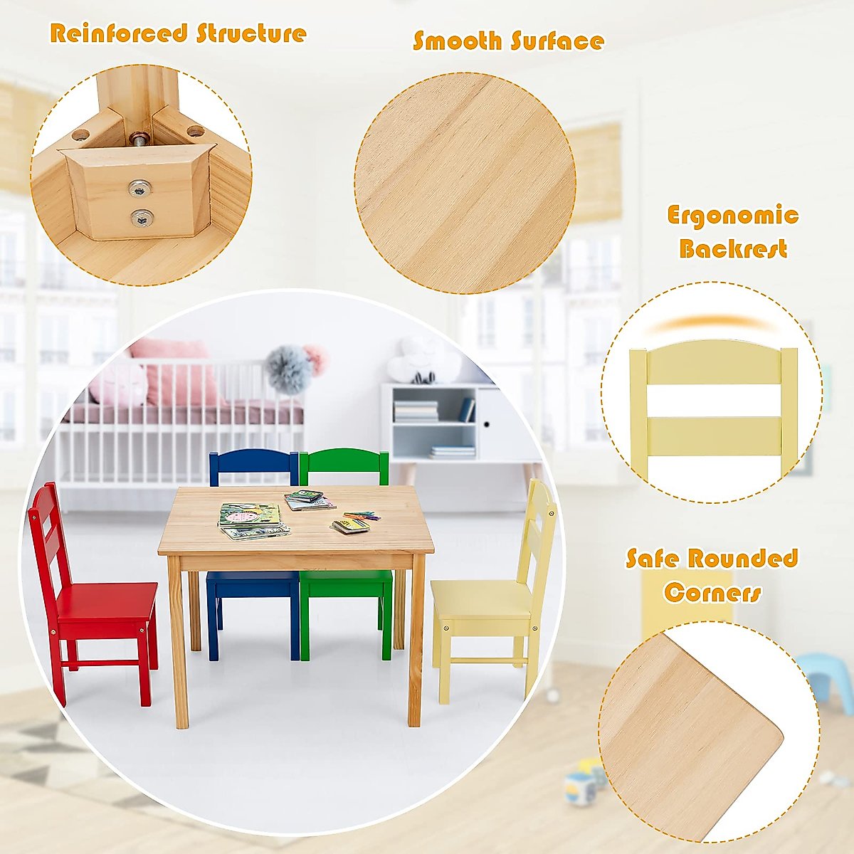 KOTEK Kids Wood Table and 4 Chair Set, Children Multi Activity Table for Learning, Playing, Drawing, Toddler Picnic Table and Chairs Set for Home, Classroom and Daycare (Assorted)