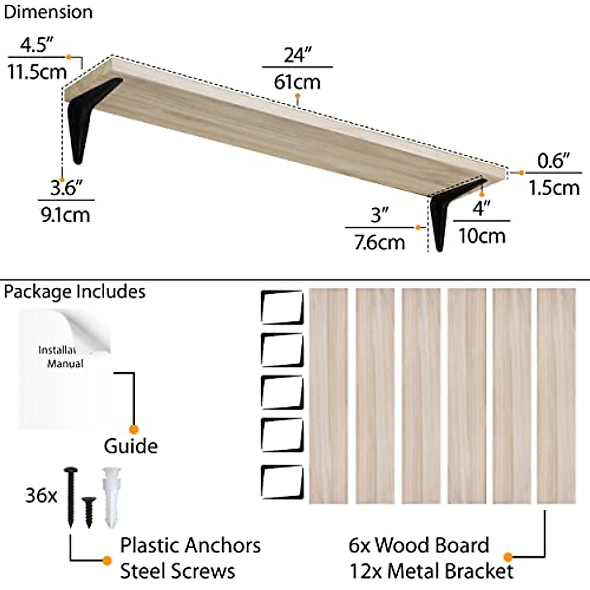 Wallniture Arras Floating Shelves, Living Room Bookshelf, Wall Shelves for Bedroom, Kitchen Organization Units & Office Wall Decor 24" Natural Wood Shelf Set of 6