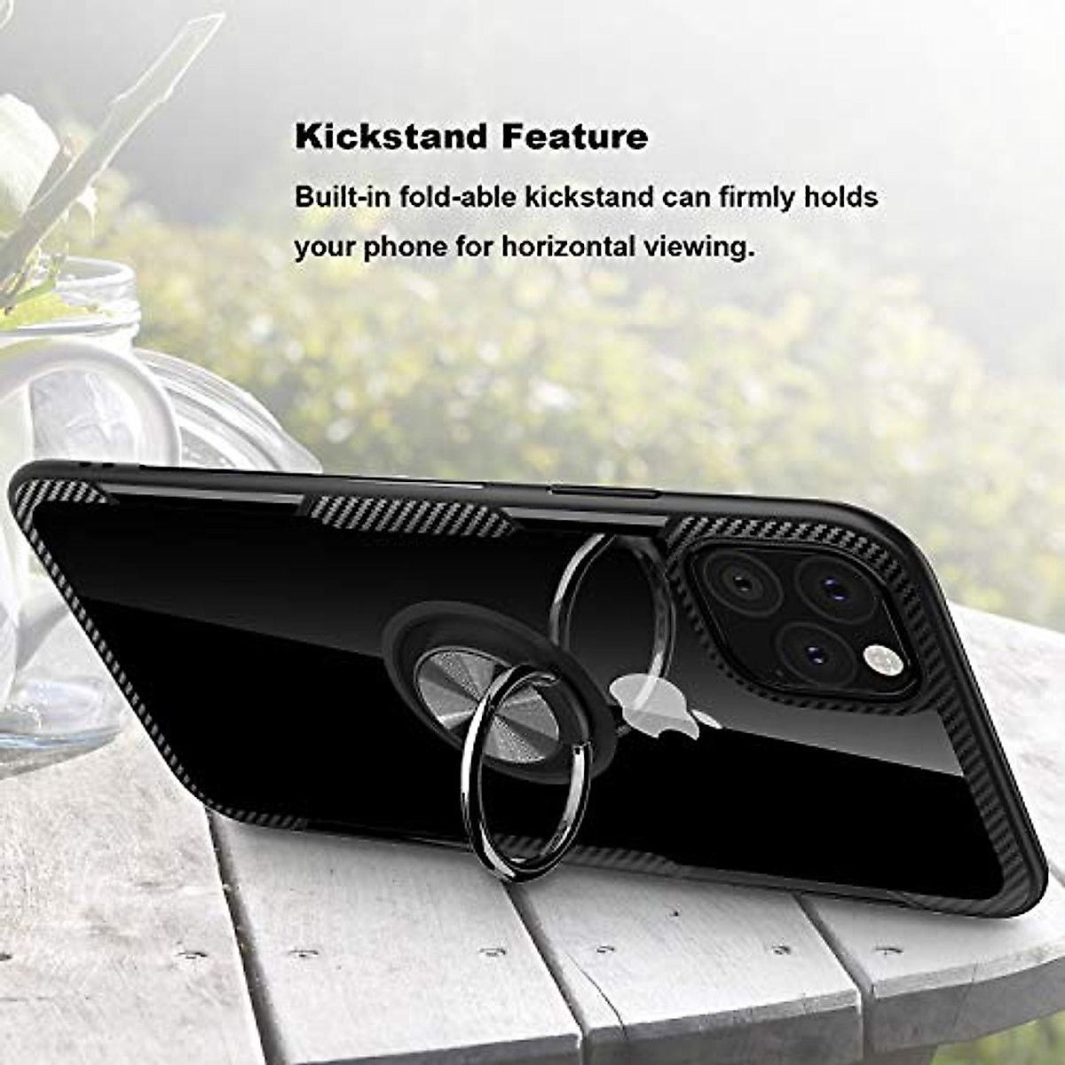 Designed for iPhone 11 Pro Max Case 6.5 inch, Carbon Fiber Design Clear Crystal Anti-Scratch Case with 360 Degree Rotation Ring Kickstand(Work with Magnetic Car Mount) for iPhone 11 Pro Max,Black