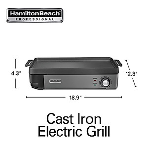 Hamilton Beach Professional Cast Iron Indoor Electric Grill & Griddle, 10" x 16" Preseasoned Cooking Surface, Adjustable Temperature up to 450° F, Black (38560)