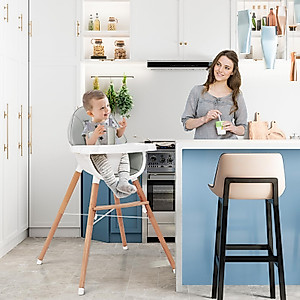 HONEY JOY Baby High Chair, Eat & Grow Beech Wooden Highchair for Babies and Toddlers, Removable Double-Layer Food Tray, 5-Point Harness, PU Cushion and Footrest for Infants Boys Girls (Gray)