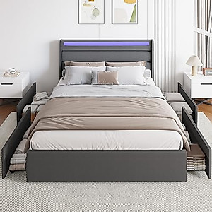 ClouDDwell Queen Bed Frame with RGBW LED Lights, Upholstered Headboard & 4 Storage Drawers, Thickened Hardwood Slats, Dark Grey