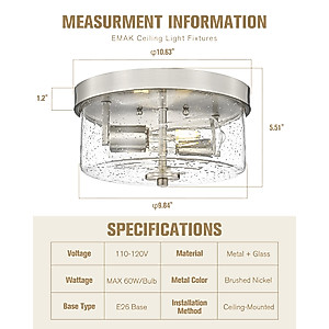 Emak 2-Light Brushed Nickel Ceiling Light Fixture, 11 Inch Flush Mount Light Fixture with Seeded Glass Shade for Bedroom, Living Room, Kitchen, Hallway, Bathroom, FM082-BN