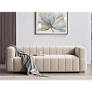 Container Furniture Direct Art Deco Velvet Sofa with Tufted Low Back Design, Sophisticated 3 Seater Couch for Living Rooms, 89 Inch Wide, Easy Assembly, Beige