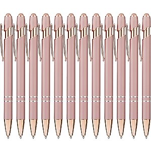LINFANC 12 Pack Rose Gold Ballpoint Pen with Stylus Tip, 1.0 mm Black Ink Smooth Writing Pens, Metal Stylus Pens for Touch Screens