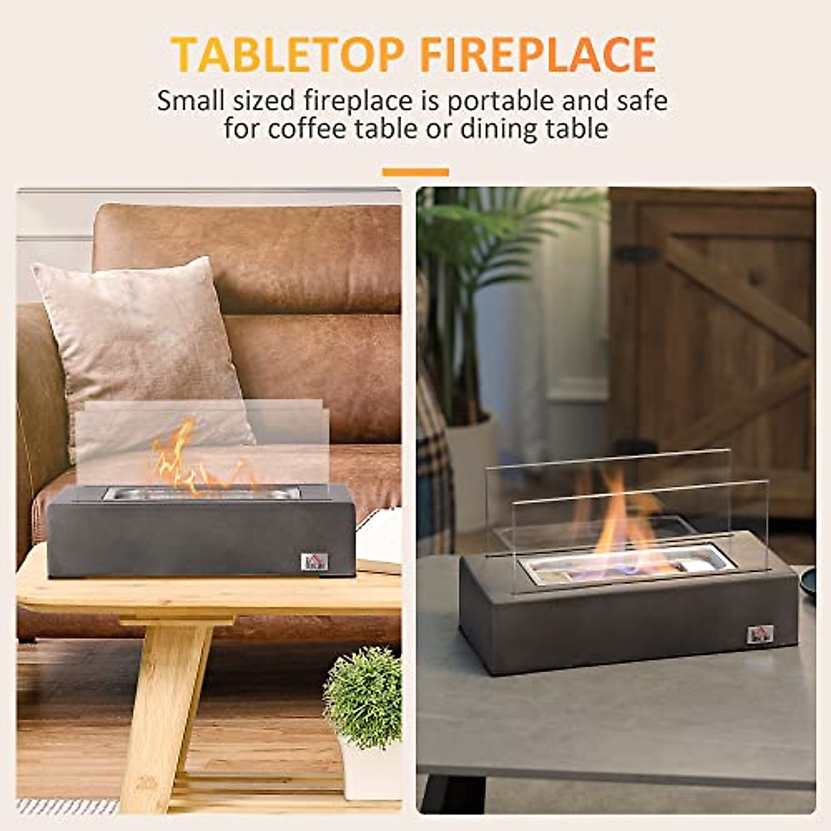 HOMCOM Tabletop Fireplace, 13" Concrete Alcohol Fireplace with Stainless Steel Lid for Indoor and Outdoor, 0.04 Gal Max 195 Sq. Ft., Dark Grey