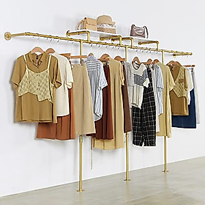 WJJAYY Wall Mounted Gold pipe clothing rack with 3 T-Bar Design and Nano Gold Finish with 2 Wooden Shelves Heavy Duty Wall Mounted Gold Iron Garment Bar for Retail Display and Closet Storage