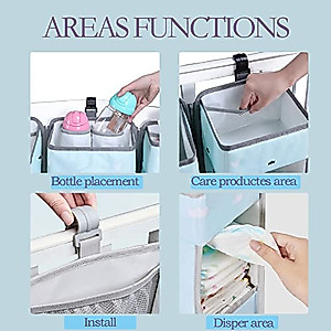 TOCKONIMN Hanging Diaper Caddy Organizer for Baby Crib - 3-in-1 Diaper Stacker for Changing Table Nursery Organization Storage Holder for Baby Essentials Attachment Portable Combining Clothing (Blue)