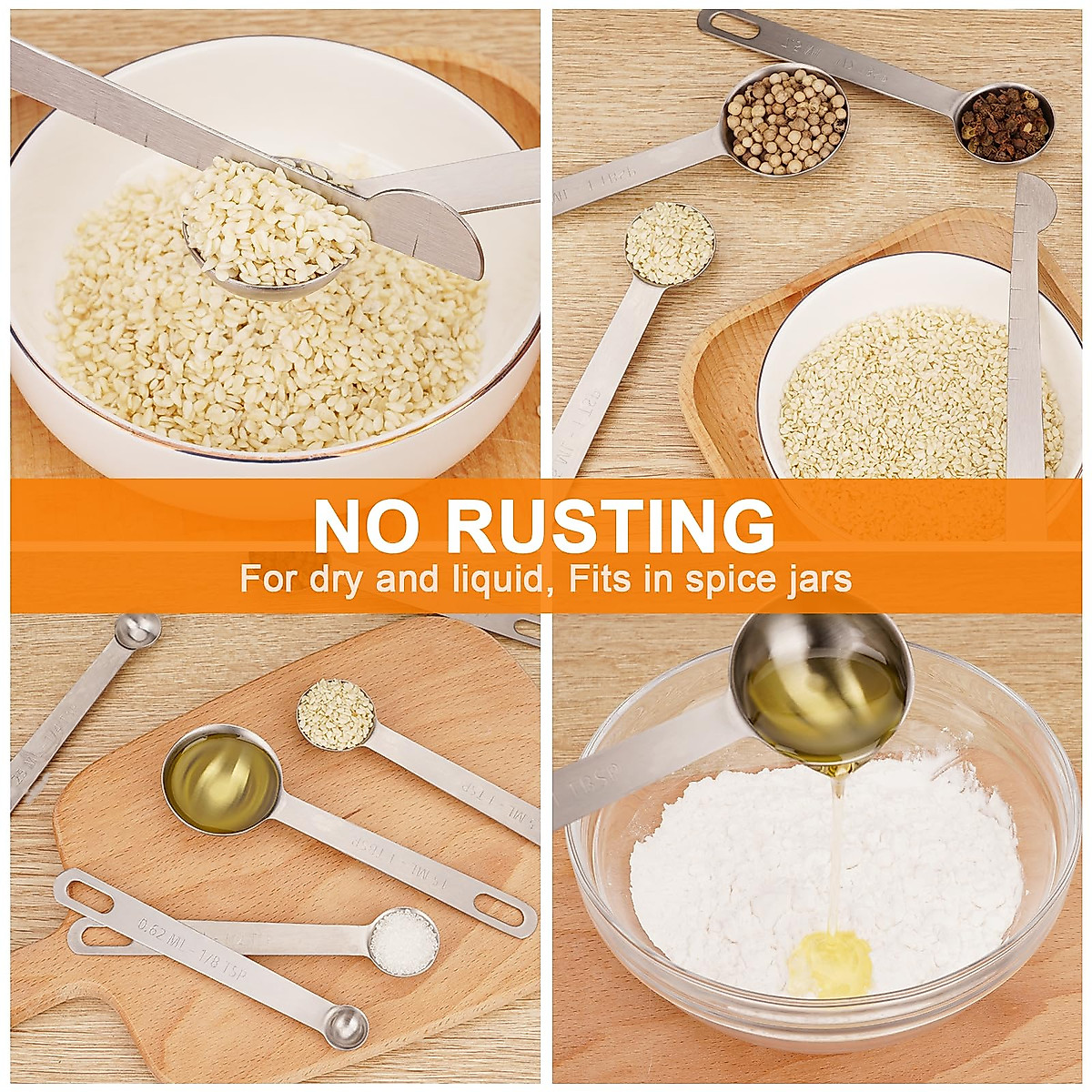 Sieqioor Durable Stainless Steel Metal Measuring Spoons Set for Dry or Liquid, Small Tablespoon, Teaspoons, Set of 7 Including Leveler, Etched Markings and Removable Clasp, Fits in Spice Jar