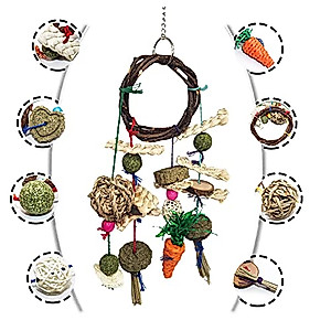 Grddaef Rabbit Chew Toys, Bunny Cage Hanging Toys Rattan Ring Treats Grinding Teeth for Rabbit Guinea Pig Chinchilla Hamster Ferret