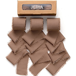 JEDIA Chiffon Ribbon, 3 Rolls Brown Handmade Fringe Chiffon Silk Ribbons, 1.5" x 7Yd Ribbon Set for Gift Wrapping, Wedding Invitations, Bouquet Wrap, Bridal Bouquets, DIY Crafts