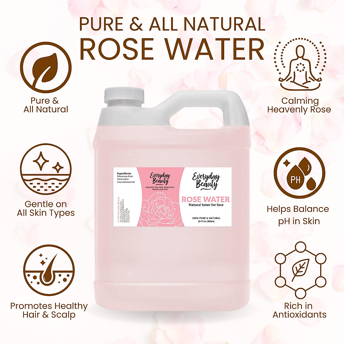 Rose Water Facial Toner - 32oz Bulk Alcohol-Free Vegan All Natural Refreshing for Face and Hair - Uplifts, Calming & Soothing for All Skin Types
