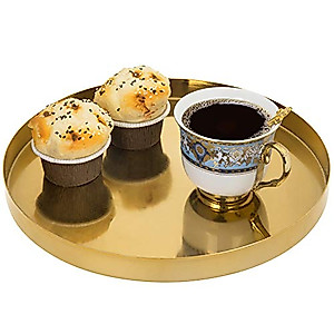 MyGift Brushed Brass Metal Decorative Tray, 11 inch Round Serving Tray - Handcrafted in India