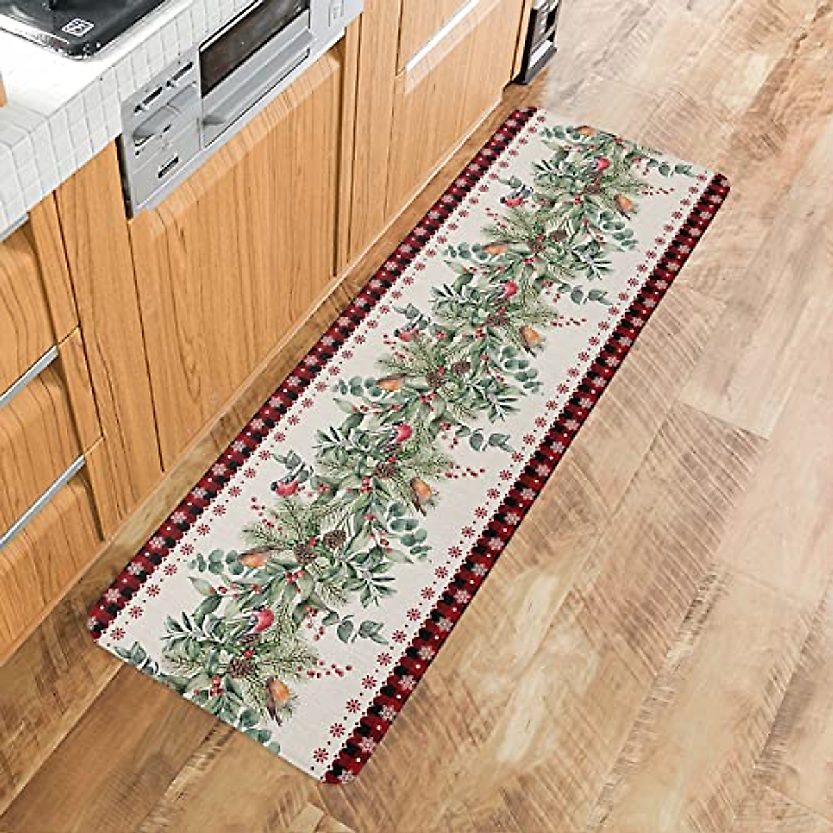 Kitchen Mat Rug 1 PCS Christmas Bird Poinsettia Pine Cone Red Plaid Linen Runner Rug Anti-Fatigue Comfort Memory Foam Standing Mat Non-Slip Floor Door Mat for Bathroom Bedroom 24x71in