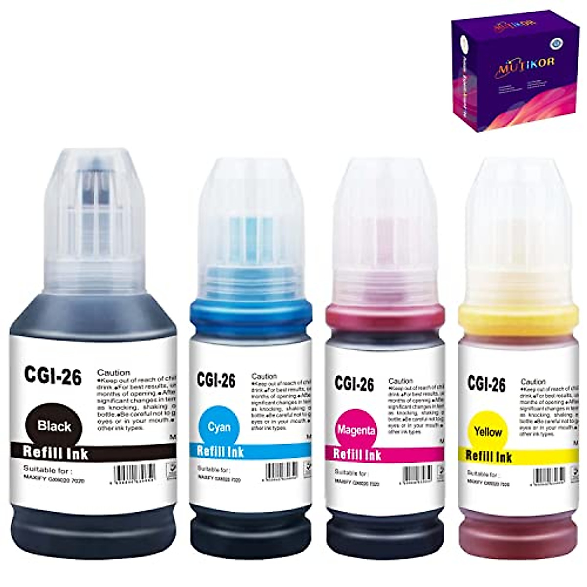 Mutikor Compatible Ink Bottle Replacement for GI26 GI-26 Combo Packs use with MAXIFY GX6020 GX7020 Printer (1Black 1Cyan 1Magenta 1Yellow) 4 Pack