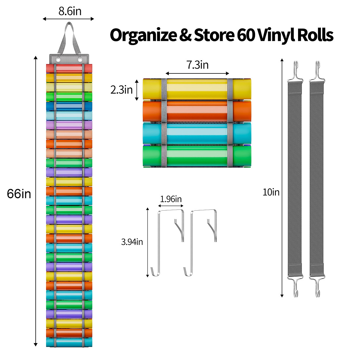 Resonax 60 Compartments Vinyl Roll Holder with 14 Internal Mesh Pockets, 2 Hooks & 2 Straps - 66"x8.6" Vinyl Roll Storage - Vinyl Storage Organizer - Vinyl Organizer Storage Craft Rack (Grey)