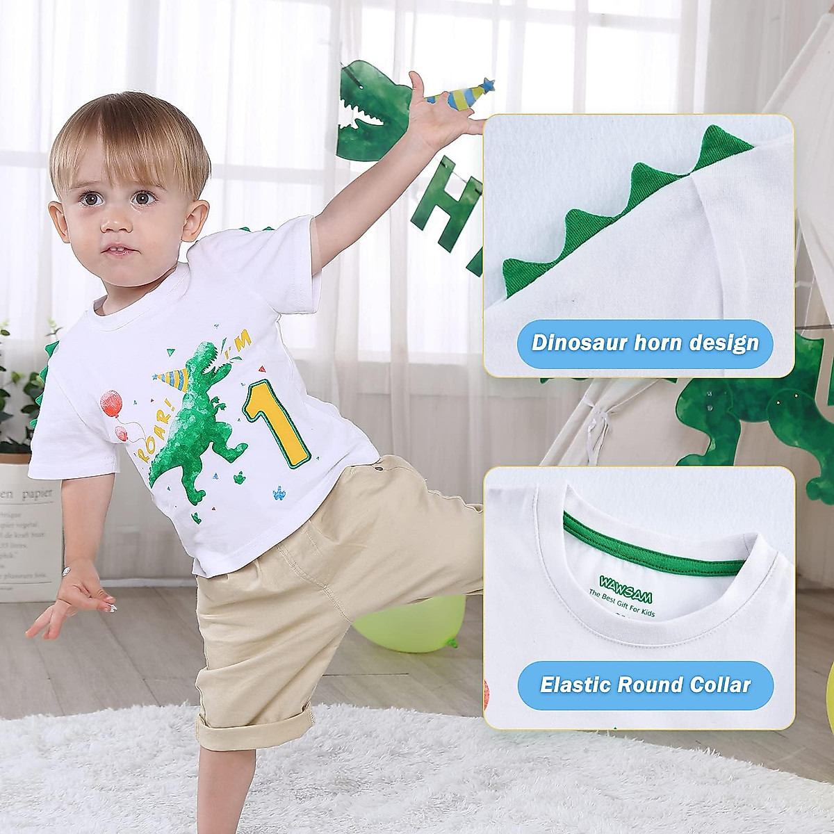 1st Birthday Boy Shirt Dinosaur Birthday T-Shirt 1 Year Old Toddler Dinosaur Outfit Cotton White Dino Party Shirt Roar I’m 1 Short Sleeve Top Tee Toddler One Rex T Shirt for Kids