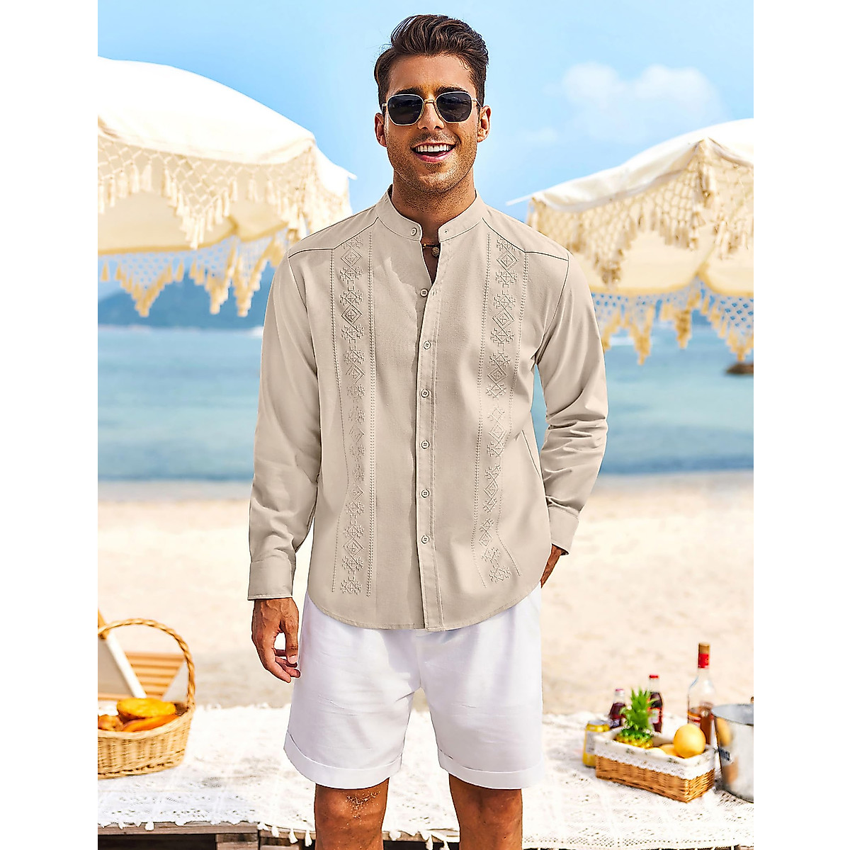 COOFANDY Men's Linen Beach Shirt Shirts Casual Long Sleeve Button Down Linen Cuban Camp Collarless Solid Shirt Khaki