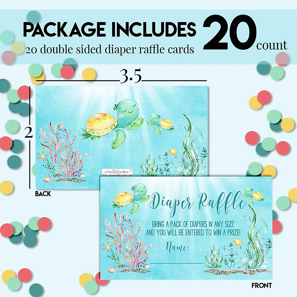 Amanda Creation Little Hatchling Cute Sea Turtle Sea Life Diaper Raffle Tickets for Baby Showers, 20 2" X 3” Double Sided Insert Cards for Games, Bring a Pack of Diapers to Win Favors & Prizes!