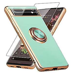 Aitipy for Google Pixel 6A Case, Built-in 360 Rotation Ring Holder with Screen Protector & Camera Lens Protector, Luxury Shiny Electroplated Edged Shockproof Protective Phone Cover (Mint/Golden)