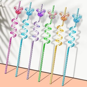 24Pcs Glitter Mouse Straws for Kids Party Favors, Straws for Birthday Party Supplies, Drinking Straws for Boys Girls Party Decorations