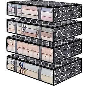 HIPIHOM Underbed Storage Containers, Foldable Under Bed Storage Bags Large Capacity Under-Bed Storage Bins for Blankets, Clothes, Sweaters Comforters with Handles Visible Clear Window, Black 4 Pack
