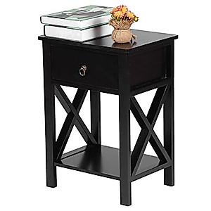 HEPMIMZHU End Table, Side Table, Nightstand, 2-Tier Storage Shelf, Sofa Table with Drawer & Storage Shelf Solid Wood Legs for Small Space, Living Room, Bed Room (Black)