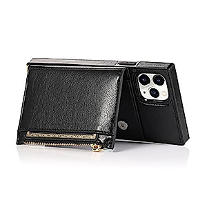 XINTIN iPhone 13 Pro Max Crossbody Case with Card Holder, Shockproof Protective iPhone case with Magnetic Flip Folio Wallet, PU Leather Zipper Coin Purse with Adjustable Lanyard Strap (Black)