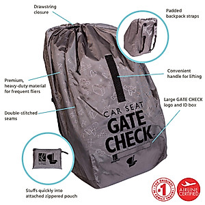 J.L. Childress DELUXE Gate Check Bag for Car Seats - Padded Backpack Straps - Fits ALL Car Seats - Gate Check Bag with Backpack Straps for Car Seats - Car Seat BackPack for Air Travel - Grey